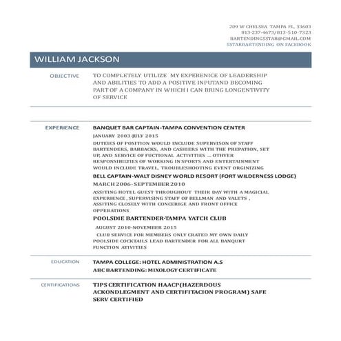 William resume 2 | DOCX | Hotels and Motels | Travel Type