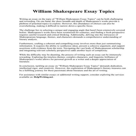 William Shakespeare Essay Topics. Elon University | PDF