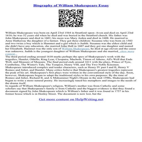 William Shakespeare Short Biography Essay | PDF
