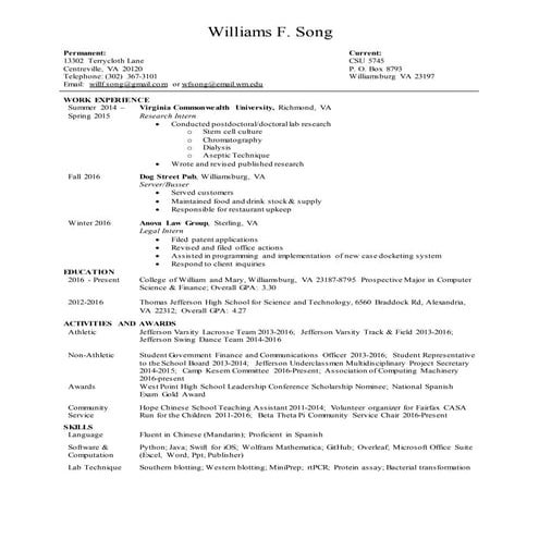 Williams Song Resume | DOCX