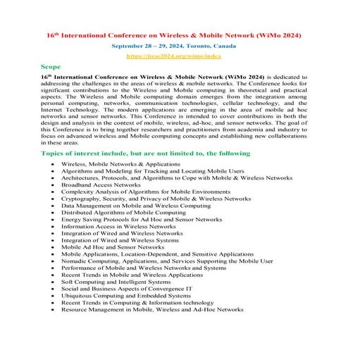 Call For Papers..!! 16th International Conference On Wireless & Mobile ...