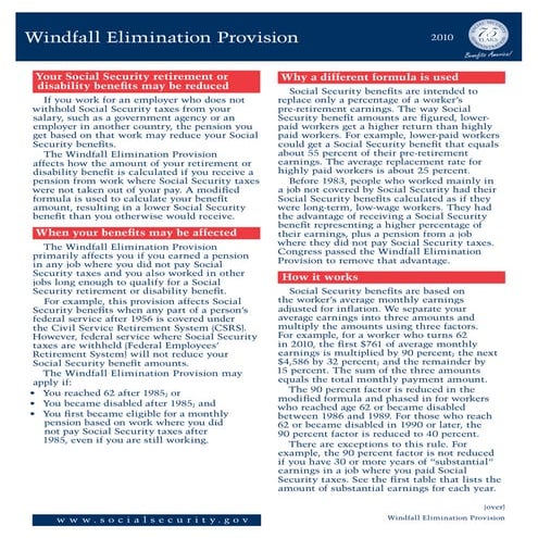 Windfall Elimination Provison | PDF | Government Support and Welfare | Financial Assistance