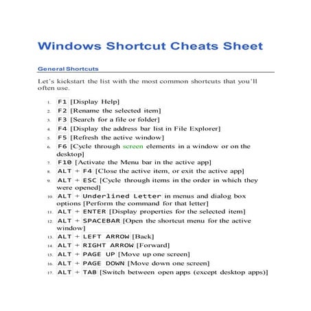 Windows shortcut cheats sheet