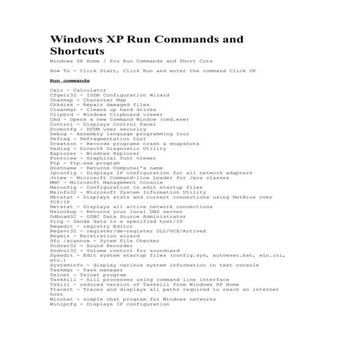 Windows xp run commands and shortcuts | PDF