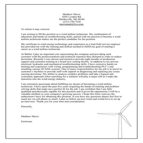 Wind technician cover letter | PDF | Business and Finance