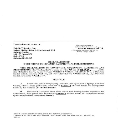 2017 Declaration of Restrictions Winter Springs Apartments | PDF