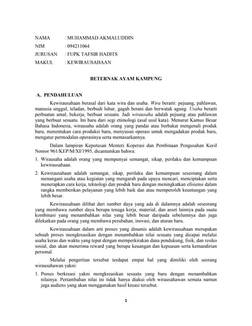 Contoh Proposal Usaha Budidaya Ayam Petelur | KEWIRAUSAHAAN | DOCX