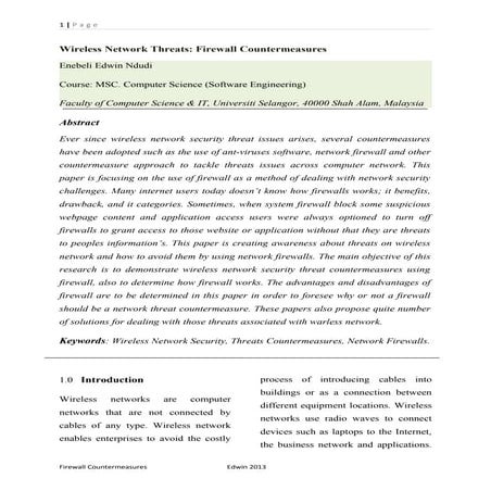 Wireless Network Security Threats Countermeasure Doc Computer Networking Computing