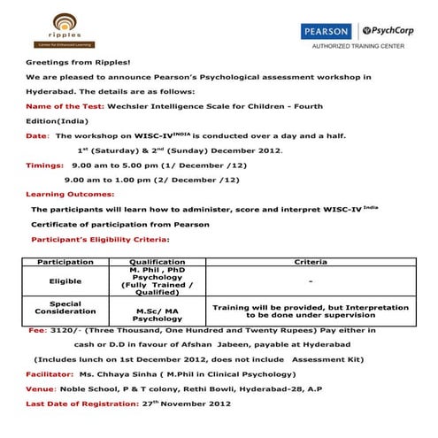 ' WISC IV India' Training in Hyderabad on 1st & 2nd December 2012 FB | PDF
