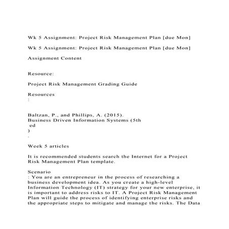 Wk 5 Assignment Project Risk Management Plan [due Mon]Wk 5 .docx
