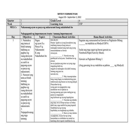 weekly home learning plan and daily lesson log | DOCX