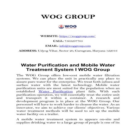 Water Purification and Mobile Water Treatment System I WOG Group | PDF