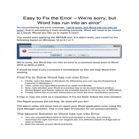 Easy To Fix The Error Were Sorry But Word Has Run Into An Error”