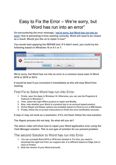Easy To Fix The Error Were Sorry But Word Has Run Into An Error”