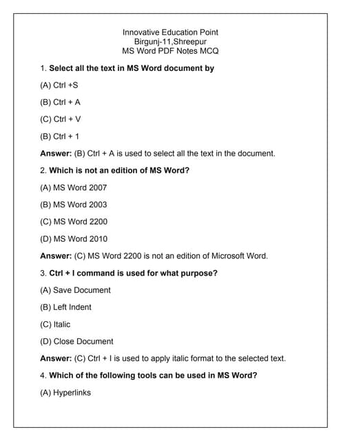 Notepad Mcq Objective Questions And Answers Pdf