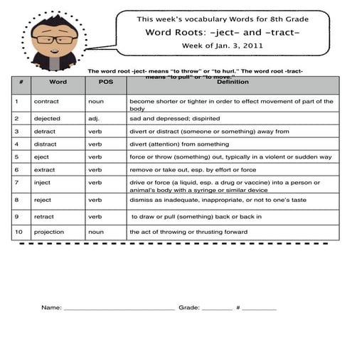 Word roots -ject- and -tract- with definitions (8) | PDF