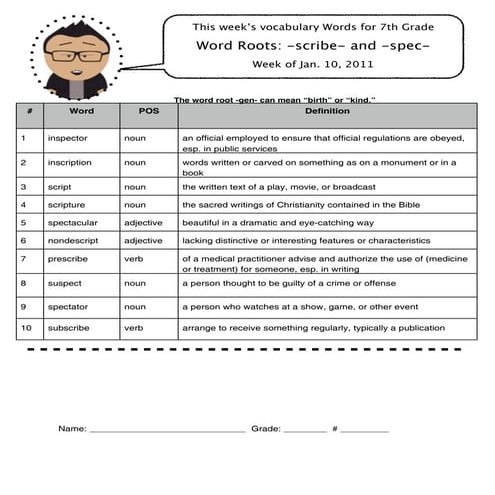 Word roots -scribe- and -spec- (7) with definitioins | PDF
