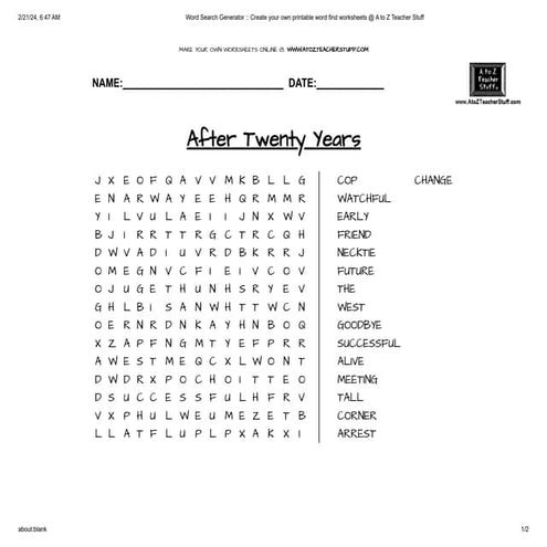 AFter Twenty Years Vocabulary Word Search Activity | PDF