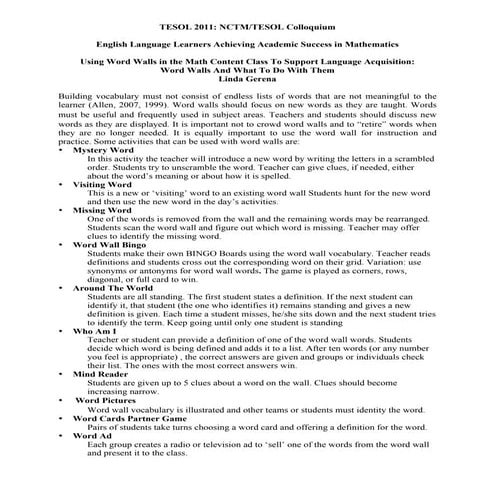 Word walls in math outline tesol nctm | PDF