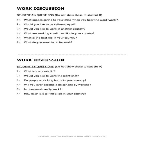 Work discussion Questions for ESL | DOC | Homework and Study | Education
