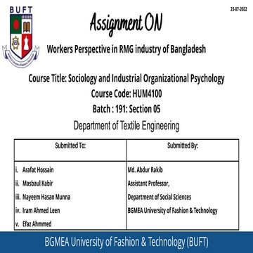 Workers Perspective in RMG industry of Bangladesh | PPT