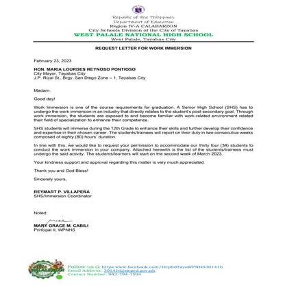 Work Immersion Request for the student o | PDF