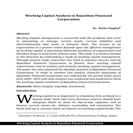 Working capital analysis in rajasthan financial corporation | PDF
