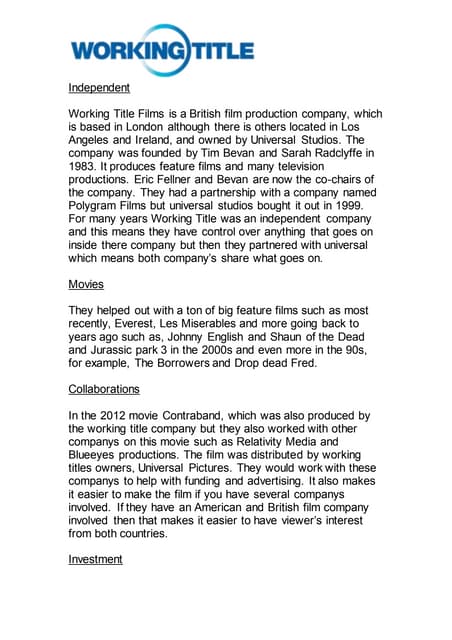 Working Title & Warp Films Fact File | PPT