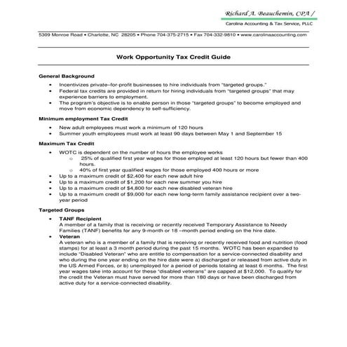 Work Opportunity Tax Credit Guide | PDF | Government Support and ...