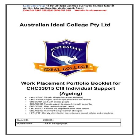 Work Placement Portfolio Booklet for CHC33015 CIII Individual Support ...