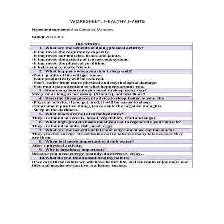 Healthy habits worksheet | DOCX