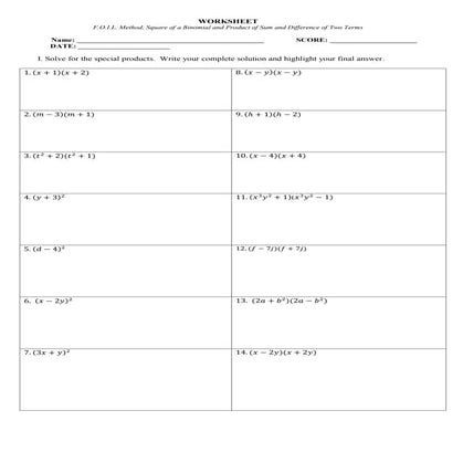 Worksheet on Special Products