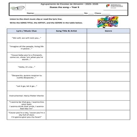 Worksheet-Guess the song: listen and guest the grnre and singer or band ...