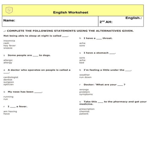 Worksheet health problems | DOC