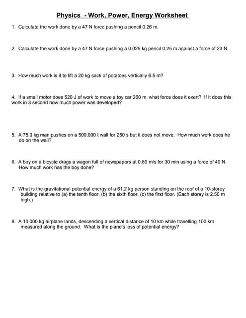 Worksheet on work,power and energy class 9 | PDF | Chemistry | Science