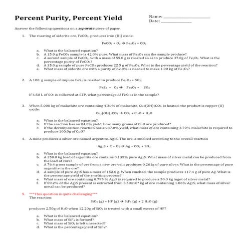 Worksheet Percent Yield Solved Chem. 1010 Percent Yield And Limiting
