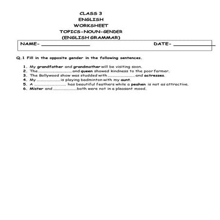 Class 3-English-Worksheet-Noun Gender (English Grammar) | PDF