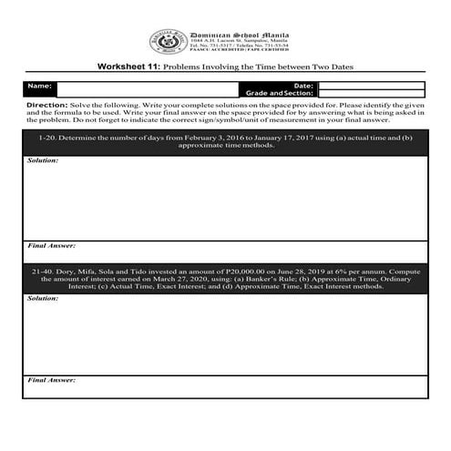 Worksheet 11 problems involving the time between two dates | PDF