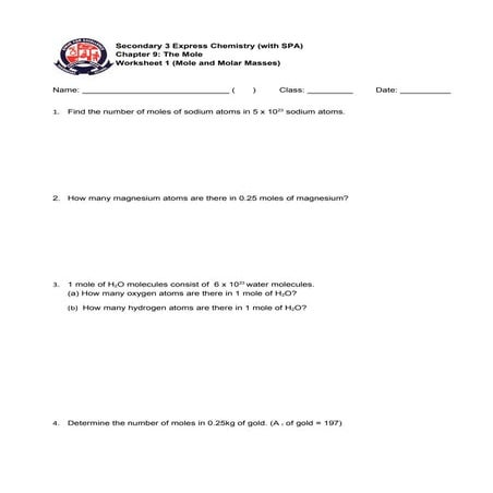 Worksheet 1 (Mole And Molar Masses) | PDF
