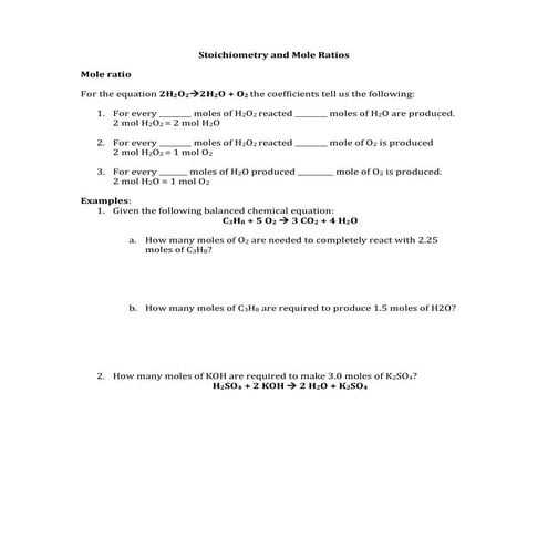 Molar Ratio Worksheet