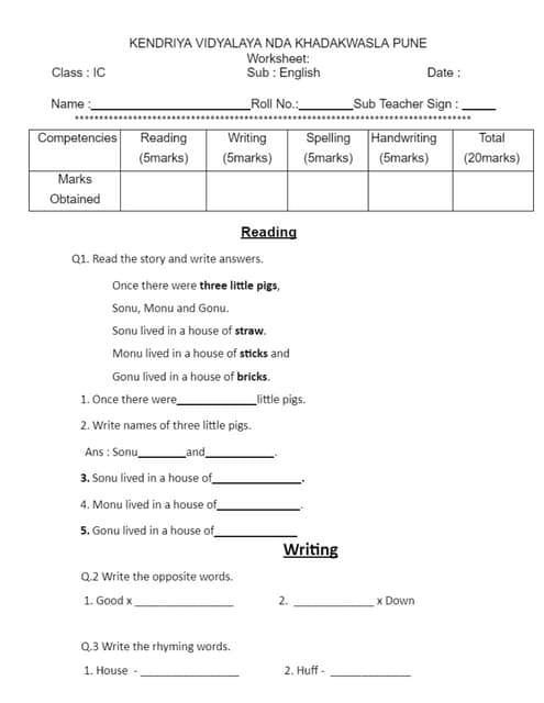 1 Worksheet Primary class kv ENGLIST , EVS | PDF