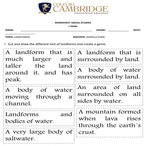 Landforms Worksheets For 4th Grade Land And Water (Content Words):