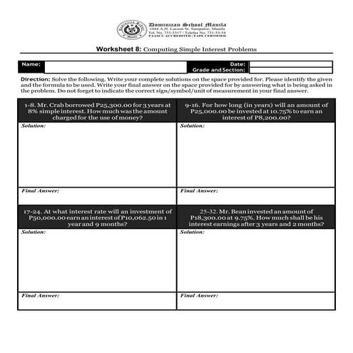 Worksheet 8 computing simple interest problems | PDF