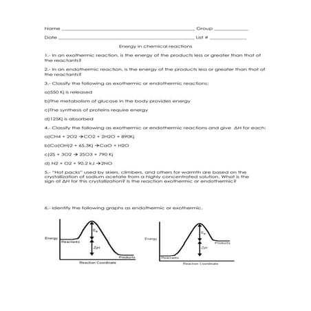 Worksheet energy and chemical reactions | PDF