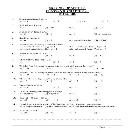 Worksheet on maths class 7th for solving n number of questions | PDF
