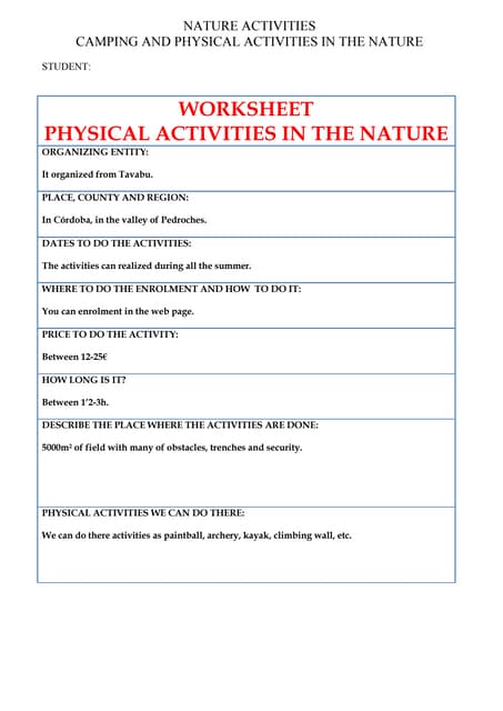 WORKSHEET PHYSICAL ACTIVITIES IN THE NATURE | PDF