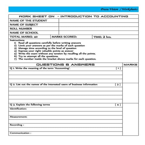 Work sheet on Accountancy Basics | PDF