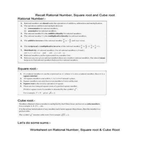 Worksheet on rational number square root cube root | DOCX | Physics ...