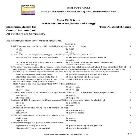 Work And Energy Worksheet NCERT Solutions Class 9 Science Chapter 11
