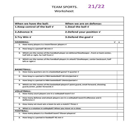 Team sport worksheet | DOCX